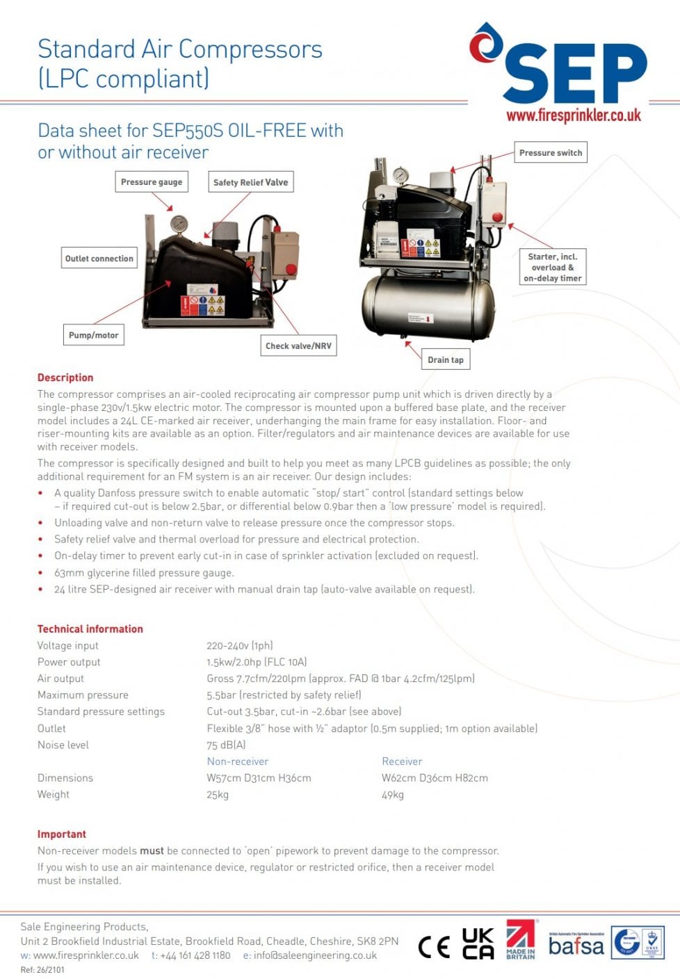 Standard Air Compressors (LPC compliant) SEP550S OIL-FREE with or ...