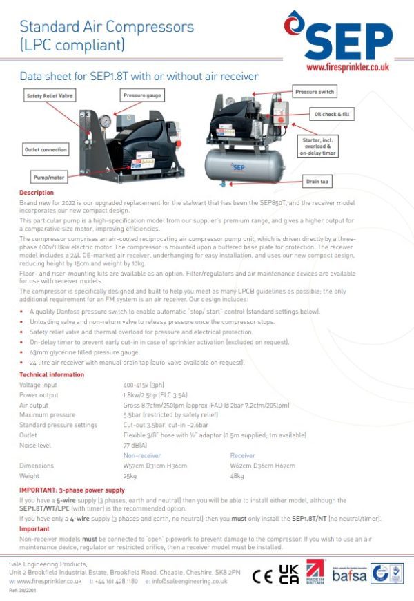 Standard Air Compressors (LPC compliant) SEP1.8T with or without air ...