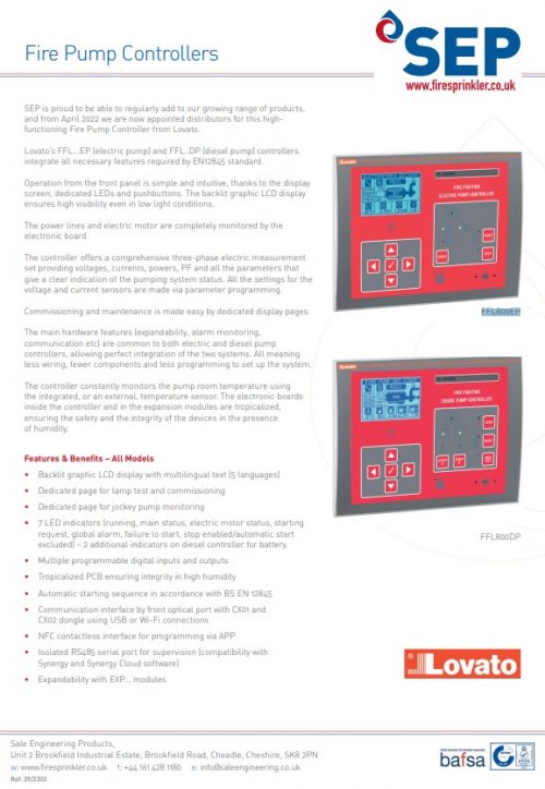 Fire Pump Controllers data sheet | Sale Engineering Products Ltd